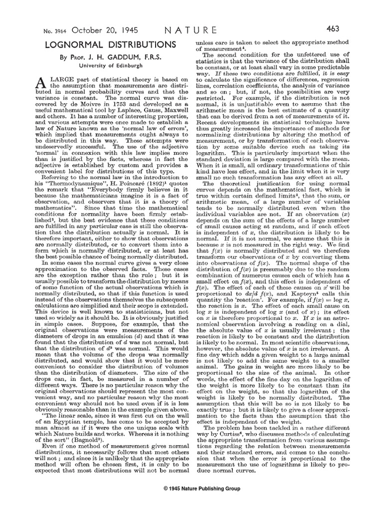 1945 - Gaddum - Lognormal Distributions | PDF | Wellness