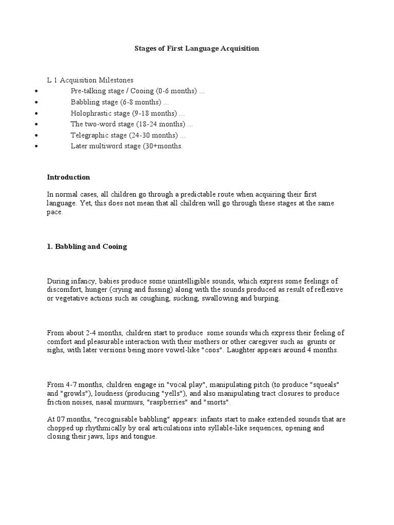 Stages of L1 Acquisition | PDF | Language Acquisition | Word