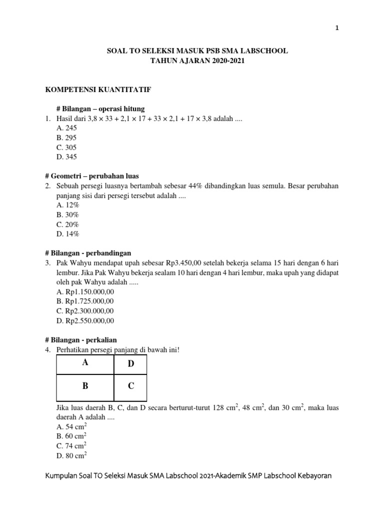 Soal PM VISI - To Seleksi PSB SMA Labschool 2021 | PDF