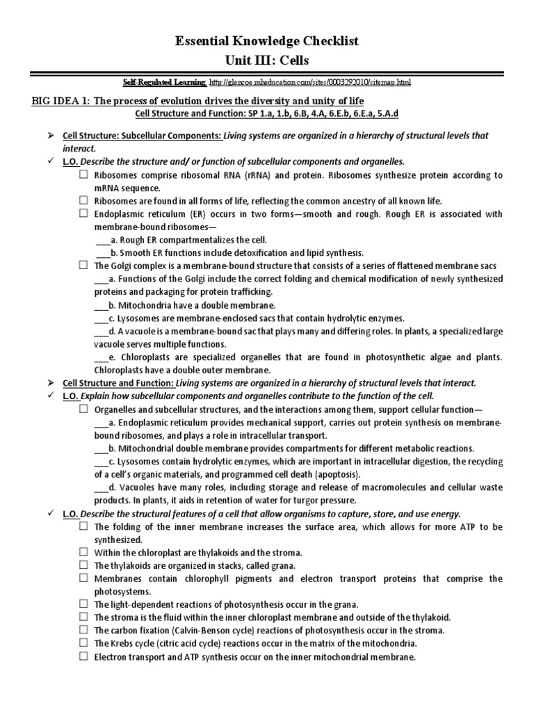 Essential Knowledge Checklist Unit 3 Cells | PDF | Cell Membrane ...