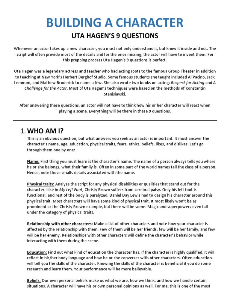 Uncovering a Character's Journey: An Analysis of Uta Hagen's Nine ...