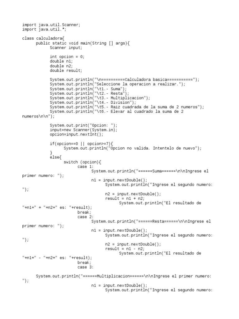Código en Java de Calculadora | PDF | Ingeniería de software ...
