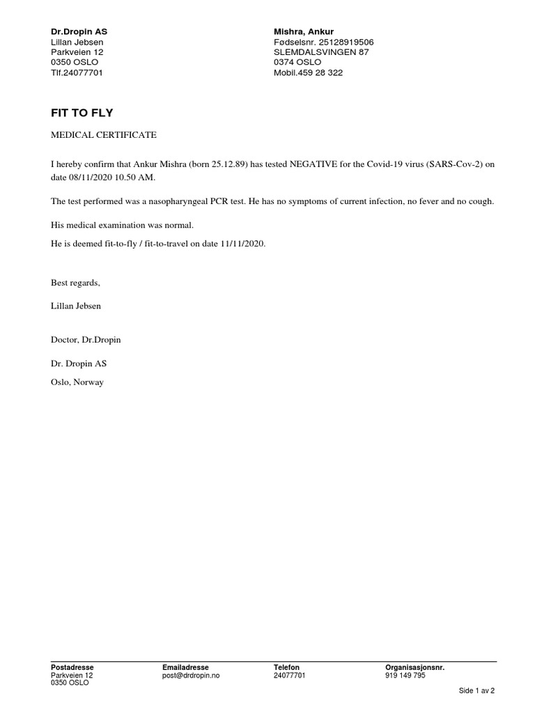Covid-19 Negative Fit-to-Fly Certificate | PDF