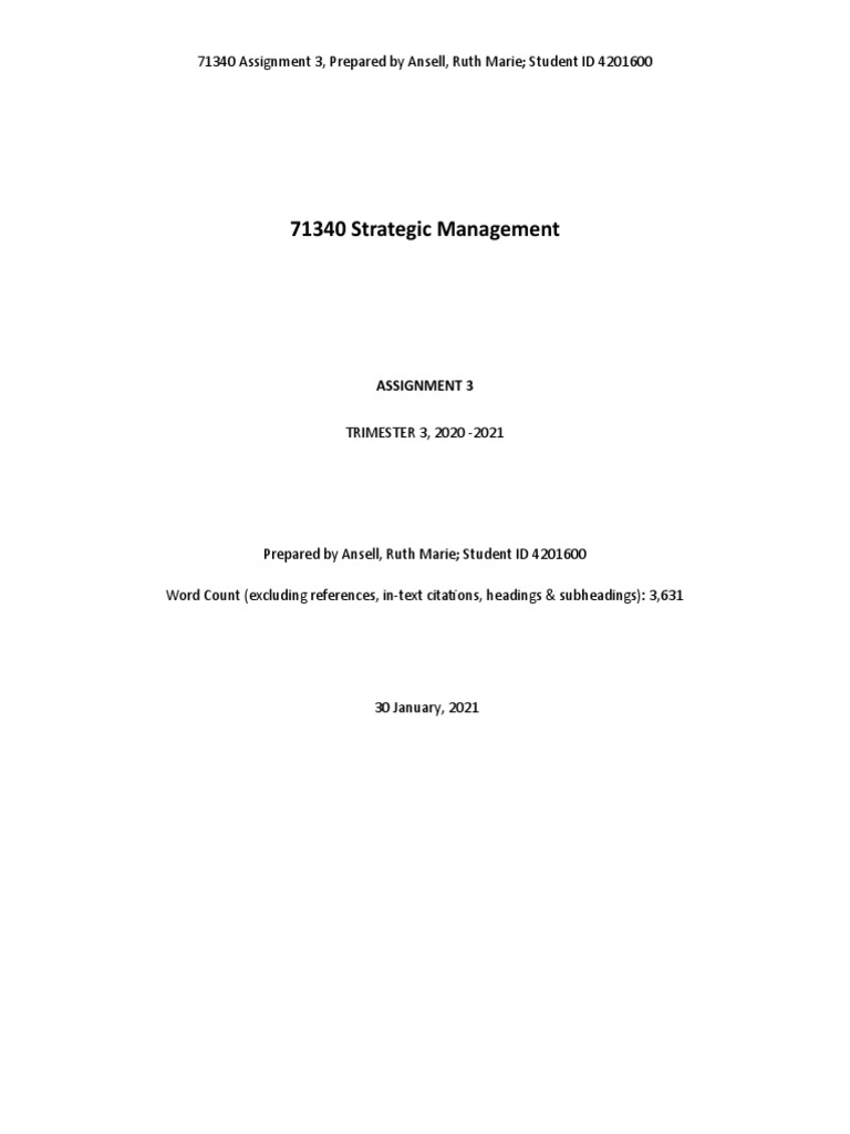 Strategic Management: 71340 Assignment 3, Prepared by Ansell, Ruth ...