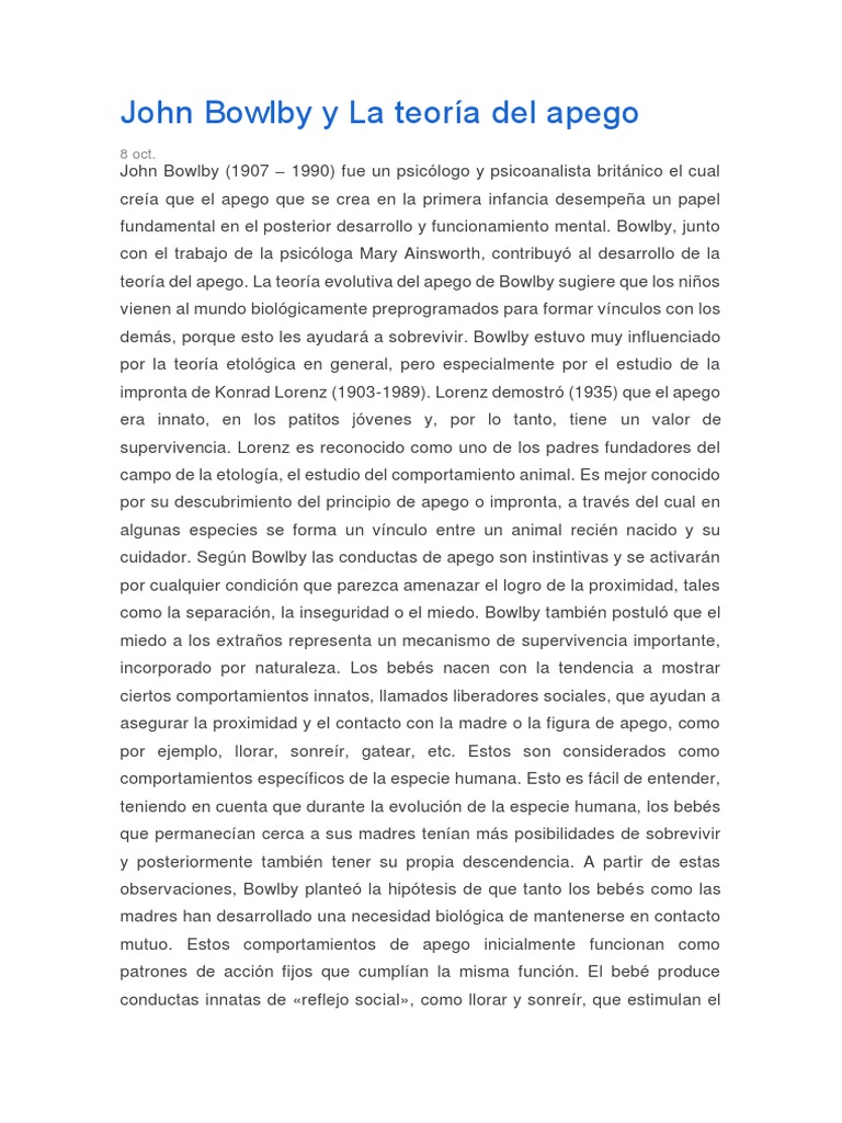 John Bowlby y La Teoría Del Apego | PDF | Teoría de apego | Etología
