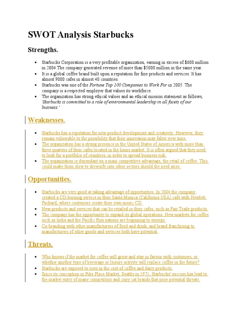 SWOT Analysis Starbucks | PDF | Business | Starbucks