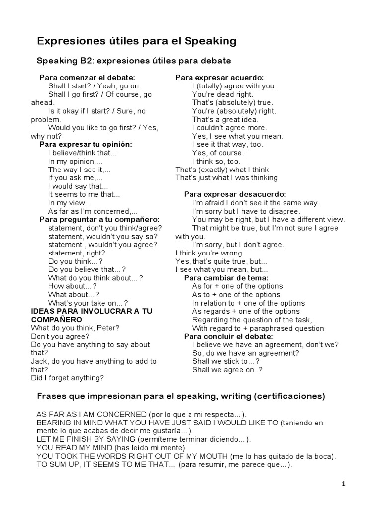 Speaking B2: expresiones útiles para debate y escritura | PDF