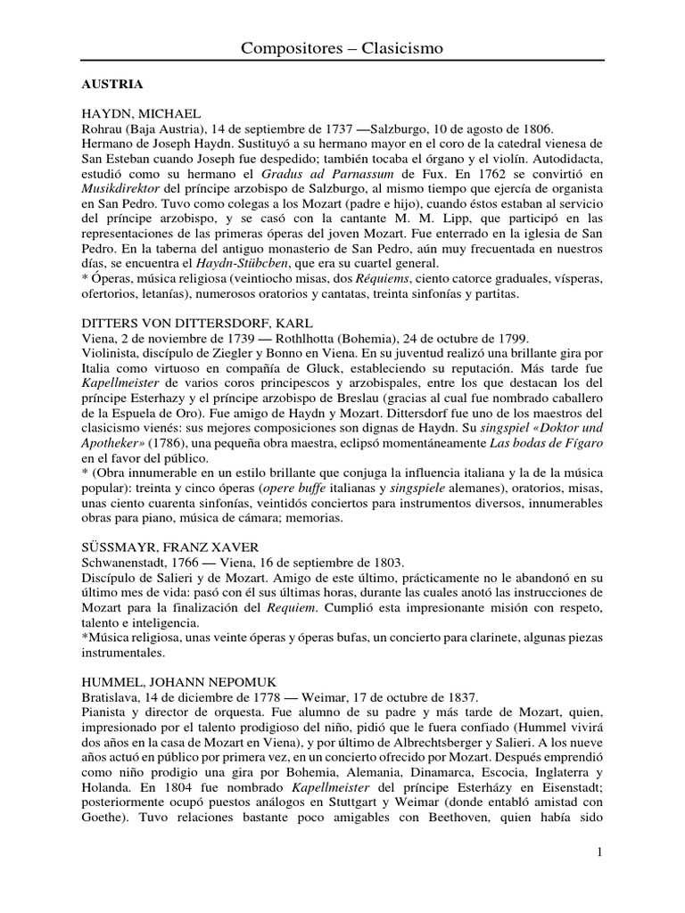 Compositores Clasicismo | PDF | Wolfgang Amadeus Mozart | Johann Sebastian Bach