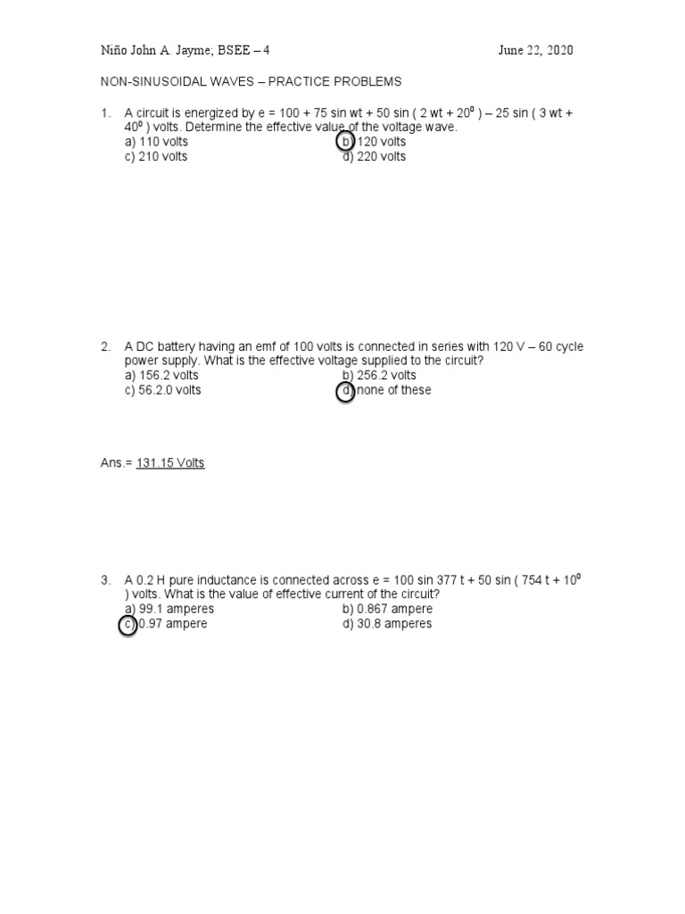 Non-Sinusoidal Wave Practice Problems | PDF | Volt | Series And ...