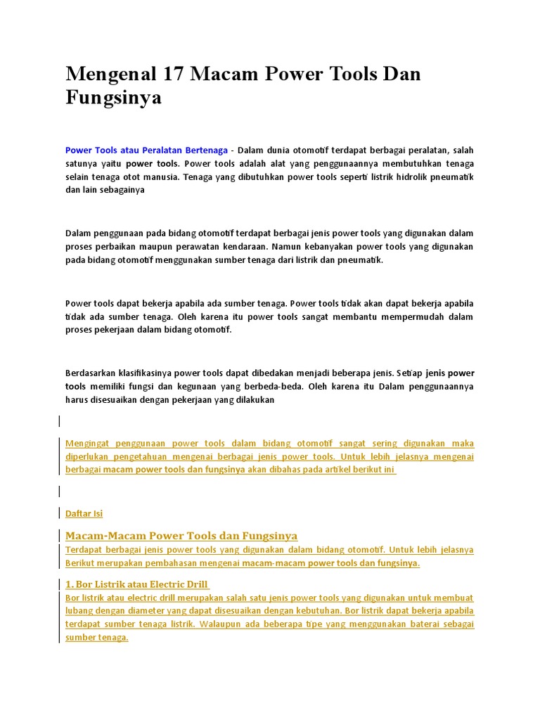 Mengenal 17 Macam Power Tools Dan Fungsinya | PDF
