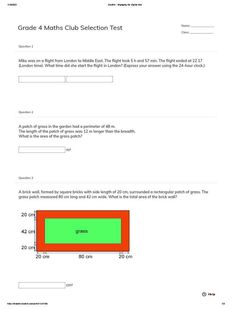 Grade 4 Maths Club Selection Test: Name: - Class | PDF | Length | Metrology