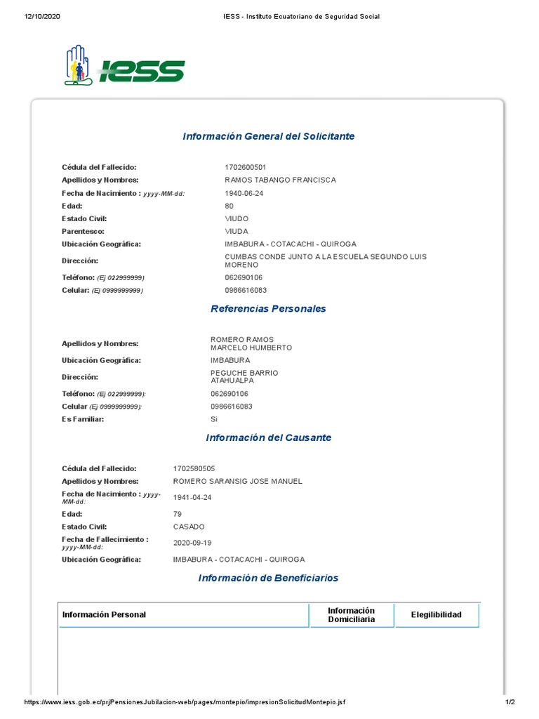 Solicitud de pensión de sobrevivencia del IESS para Francisca Ramos Tabango viuda de José Manuel ...