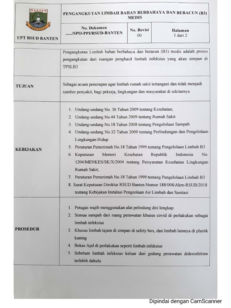 SOP Pengangkutan Limbah B3 Medis | PDF