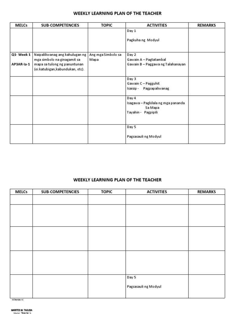 Weekly Learning Plan of The Teacher | PDF