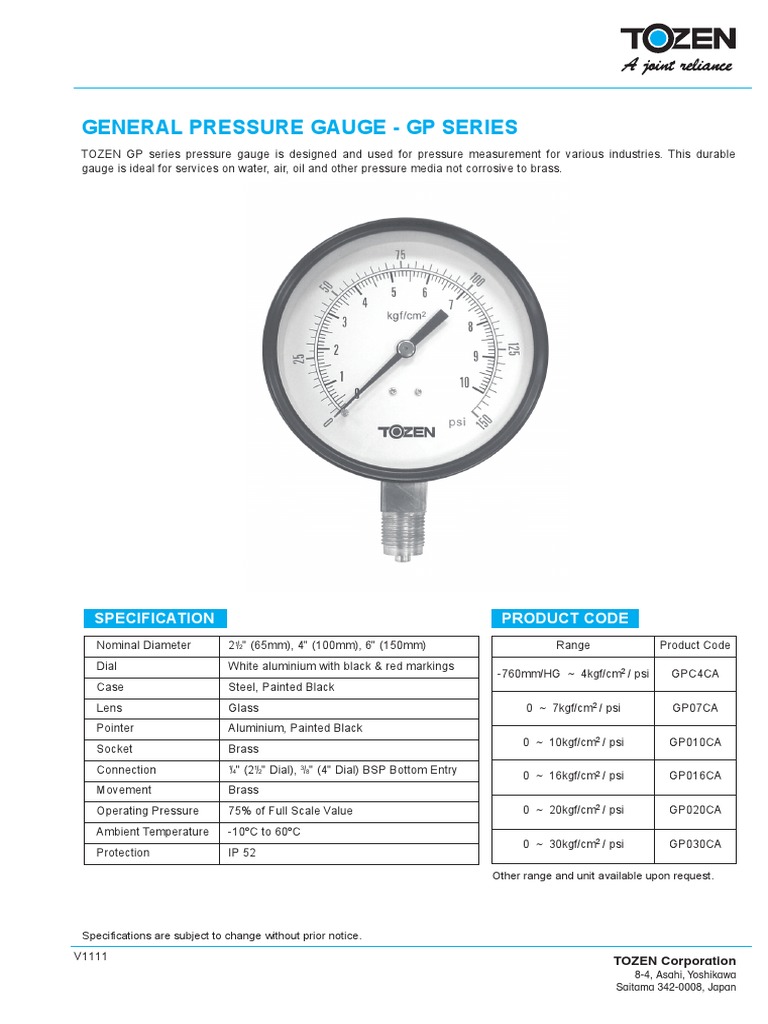 General Pressure Gauge (GP Series) PG1111 | PDF