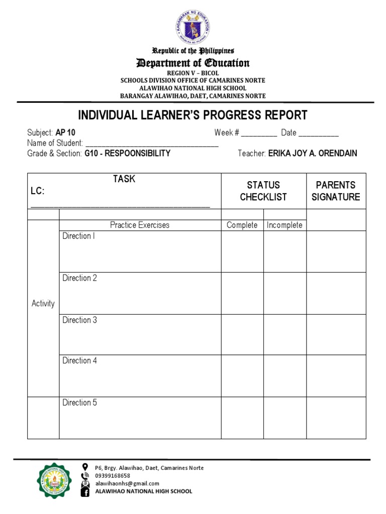 Alawihao National High School Progress Report | PDF | Educational ...