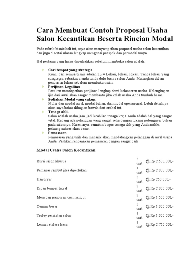 Cara Membuat Contoh Proposal Usaha Salon Kecantikan Beserta Rincian ...