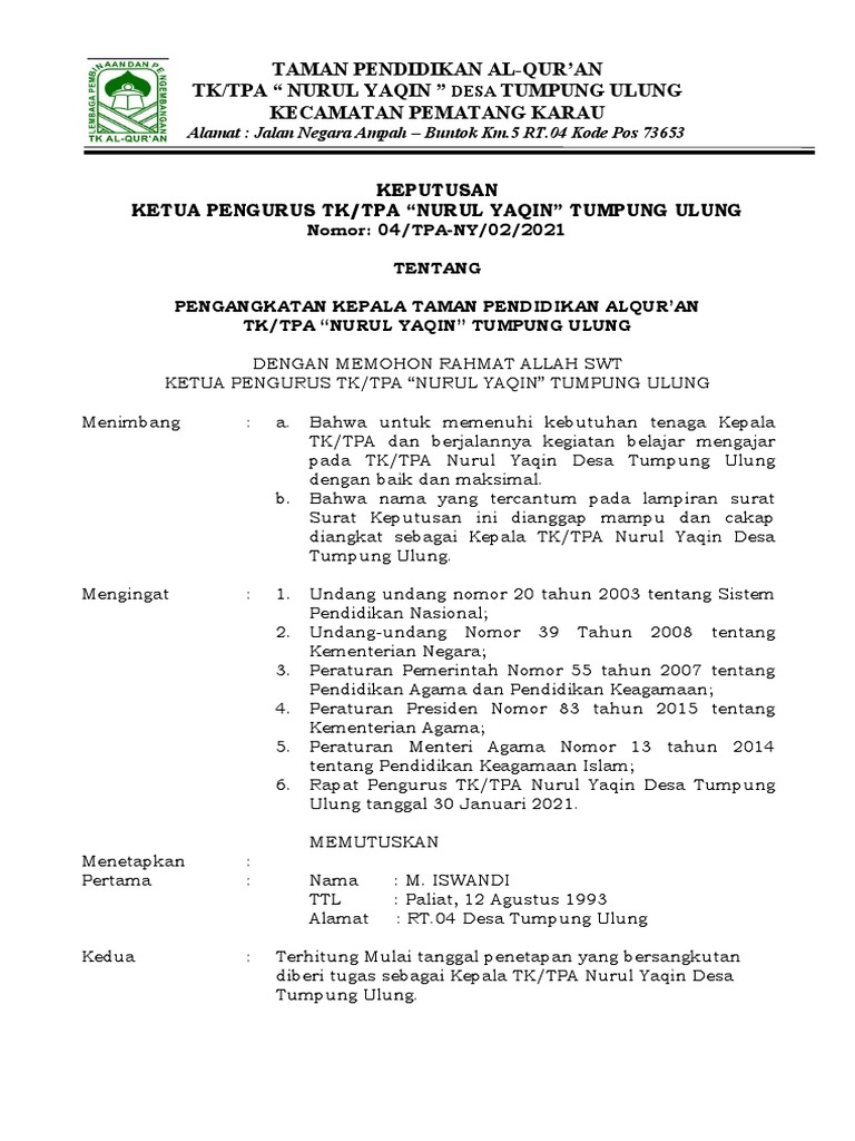SK Kepala Tk-Tpa | PDF