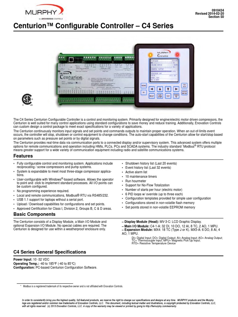 Centurion C4 Data Sheet | Download Free PDF | Usb | Programmable Logic Controller