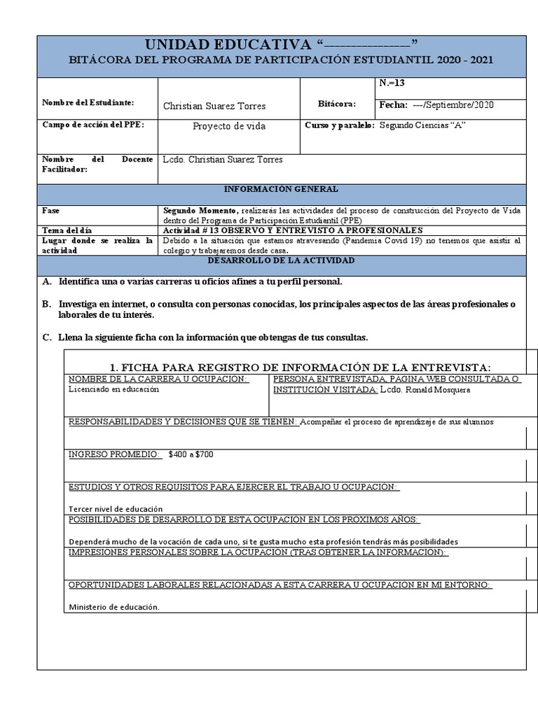 Bitacora Ppe Actividad 13. Observo y Entrevisto A Profesionales | PDF | Información | La ...