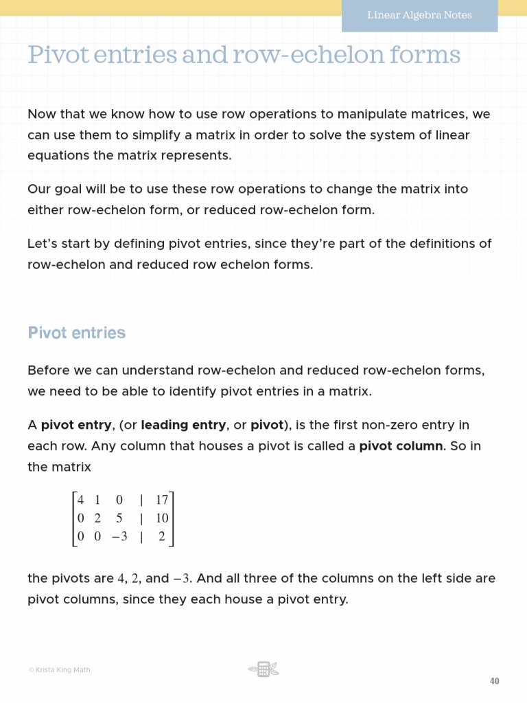 Pivots Entries+an Row Echelon+forms | Download Free PDF | Matrix (Mathematics) | Functions And ...