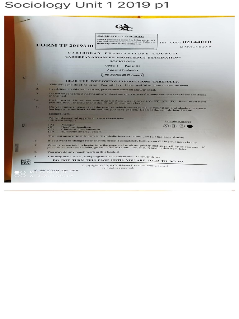 Sociology Unit 1 2019 p1 Cape | PDF