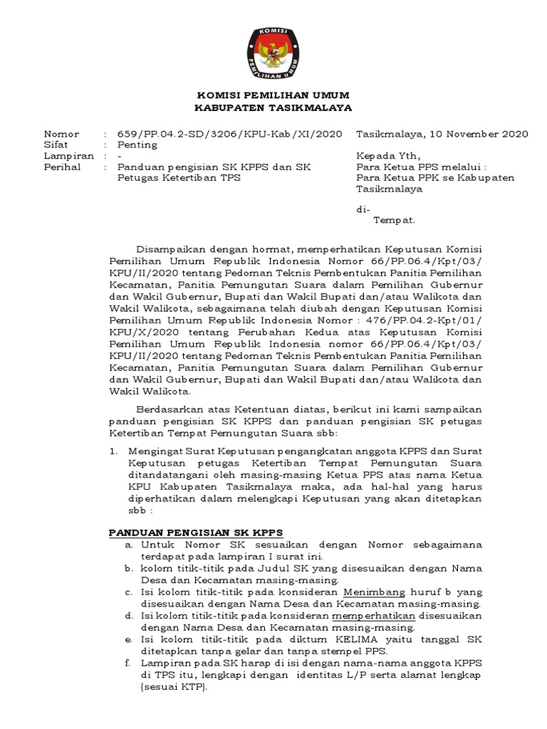 Surat Panduan Pembuatan SK KPPS Dan Petugas Ketertiban TPS | PDF