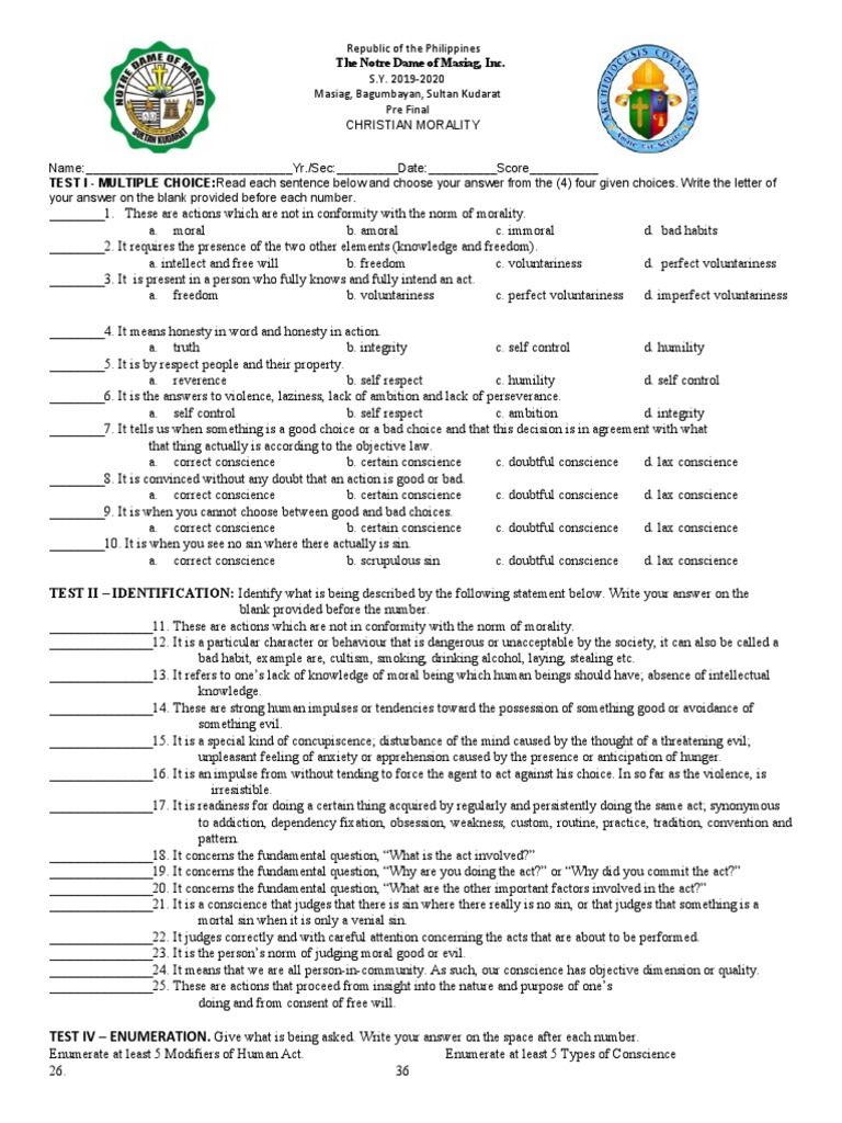Christian Morality Prelim Exam Pdf Conscience Integrity