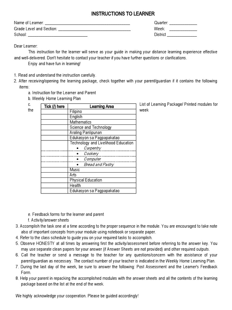 Parent and Learner Feedback Instructions | PDF | Parent | Relationships