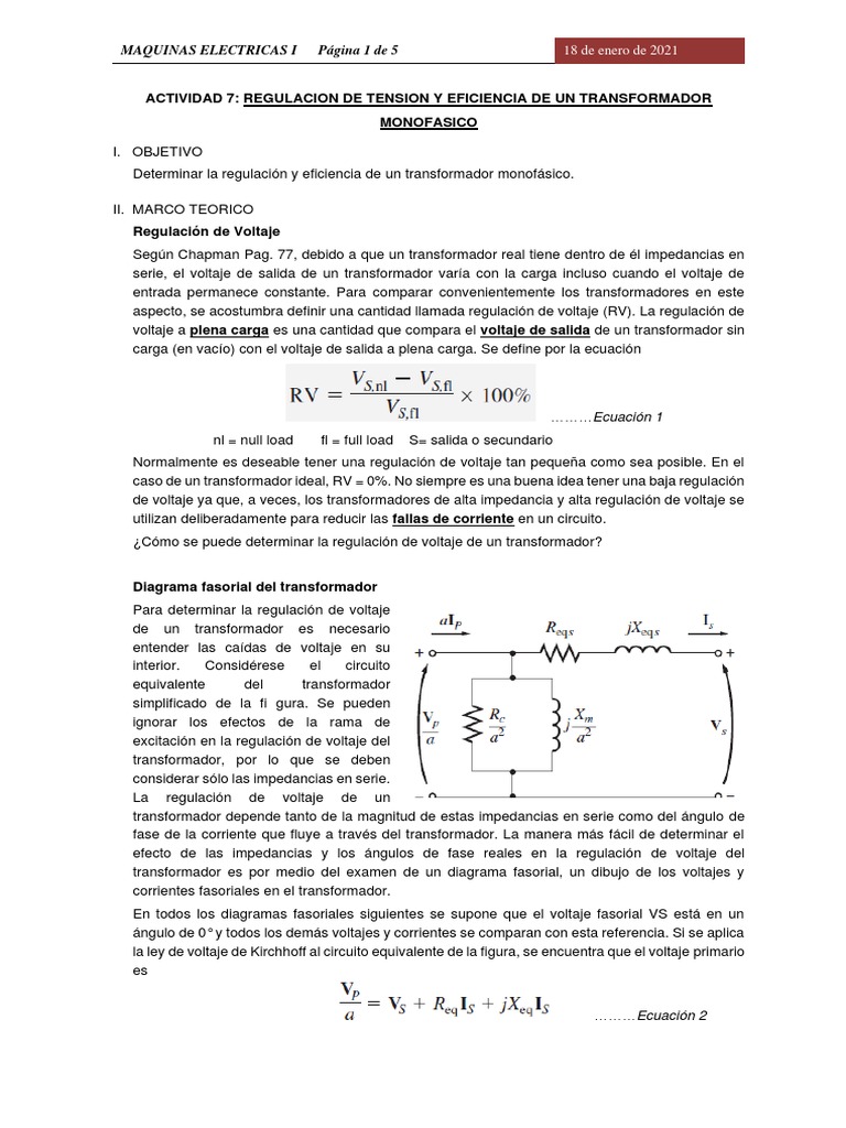 Actividad 7 REGULACION Y EFICIENCIA DE UN TRANSFORMADOR MONOFASICO | PDF | Transformador ...