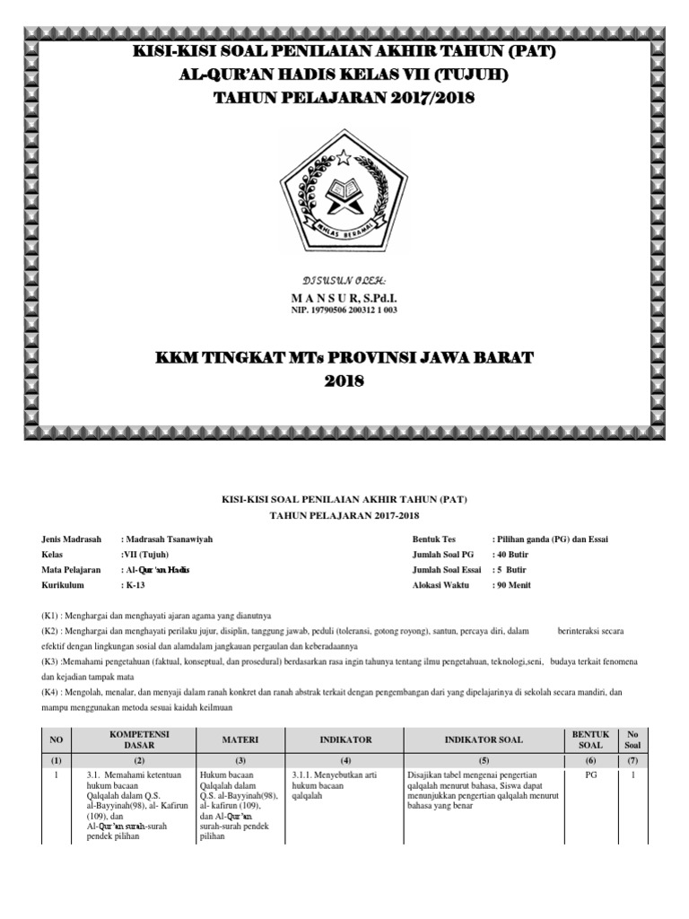 Kisi - Kisi Soal Pat KLS 7 Al-Qur'an Hadis 2018 | PDF