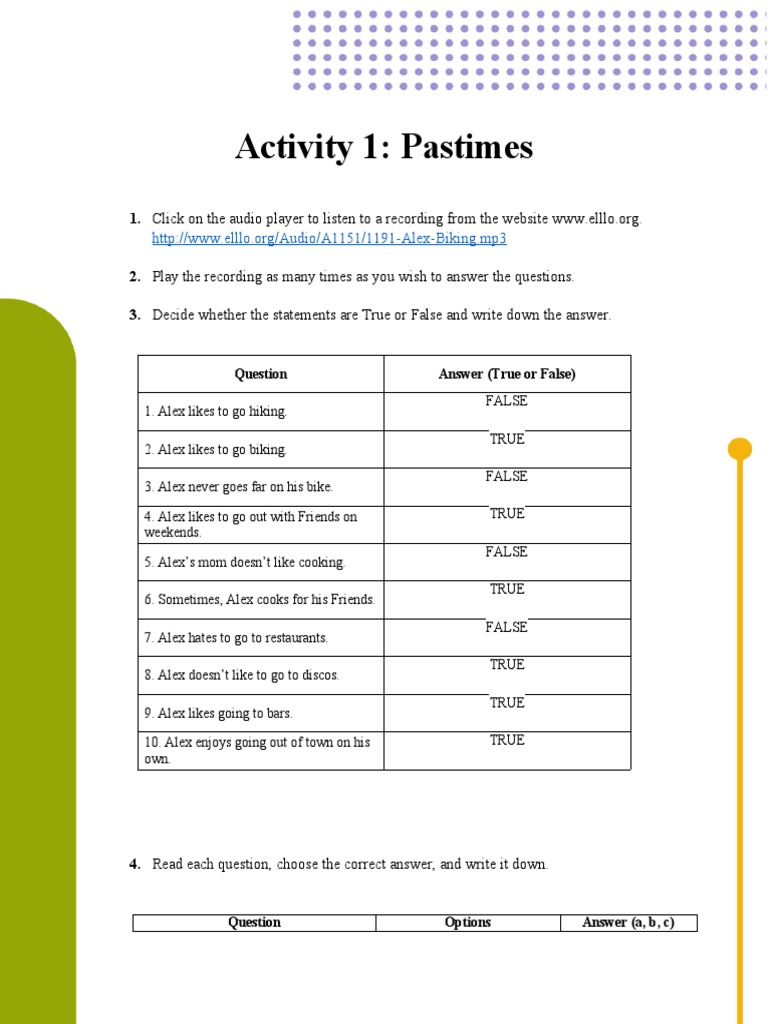 Activity 1: Pastimes: Answer (True or False) | PDF | Language Arts ...