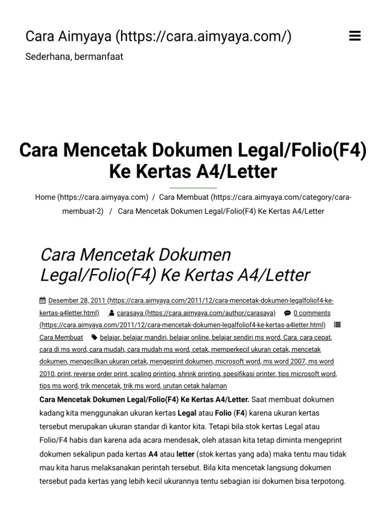 Cara Mencetak Dokumen Legal - Folio (F4) Ke Kertas A4 - Letter - Cara ...