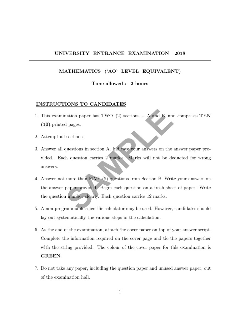 NUS 2018 Math (Ao) (Sample Past Paper) | PDF | Equations | Mathematical ...