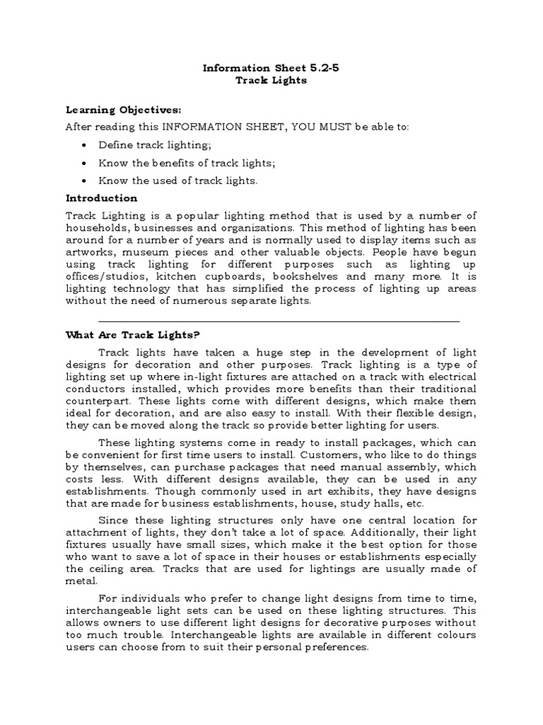 Information Sheet 5.2-5 Track Lights Learning Objectives | PDF ...