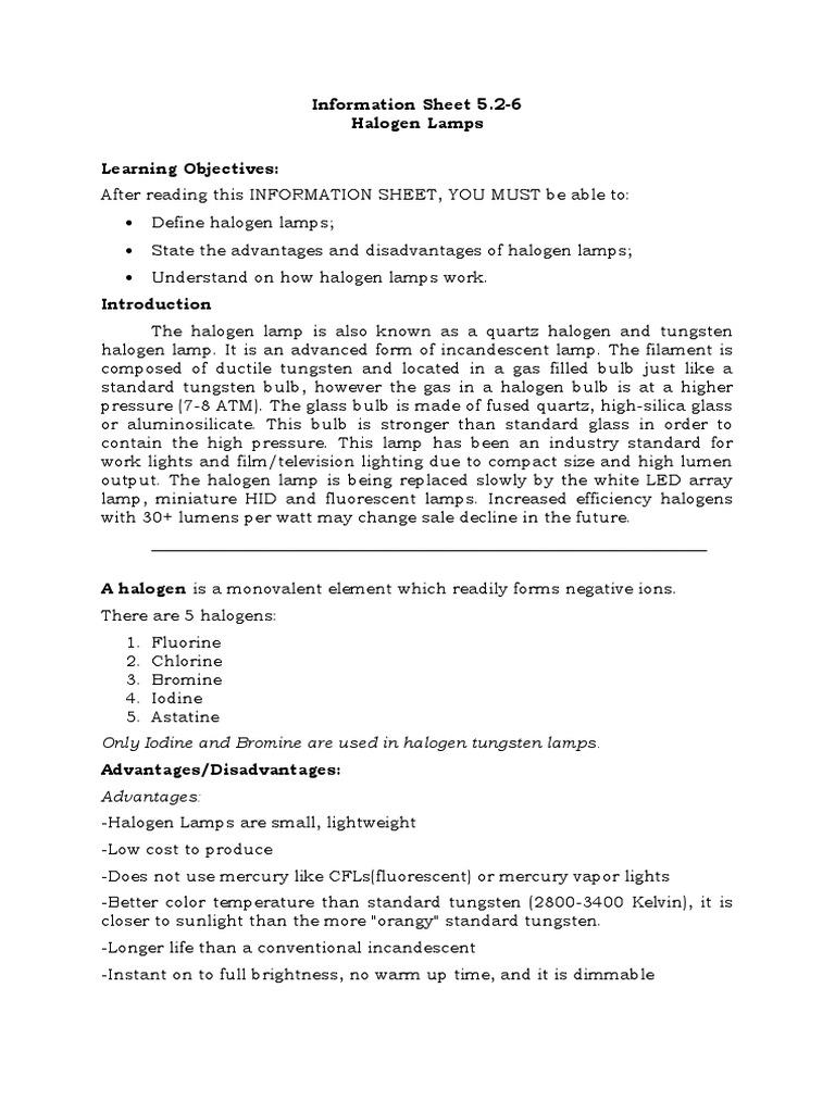 Information Sheet 5.2-6 Halogen Lamps Learning Objectives | PDF ...