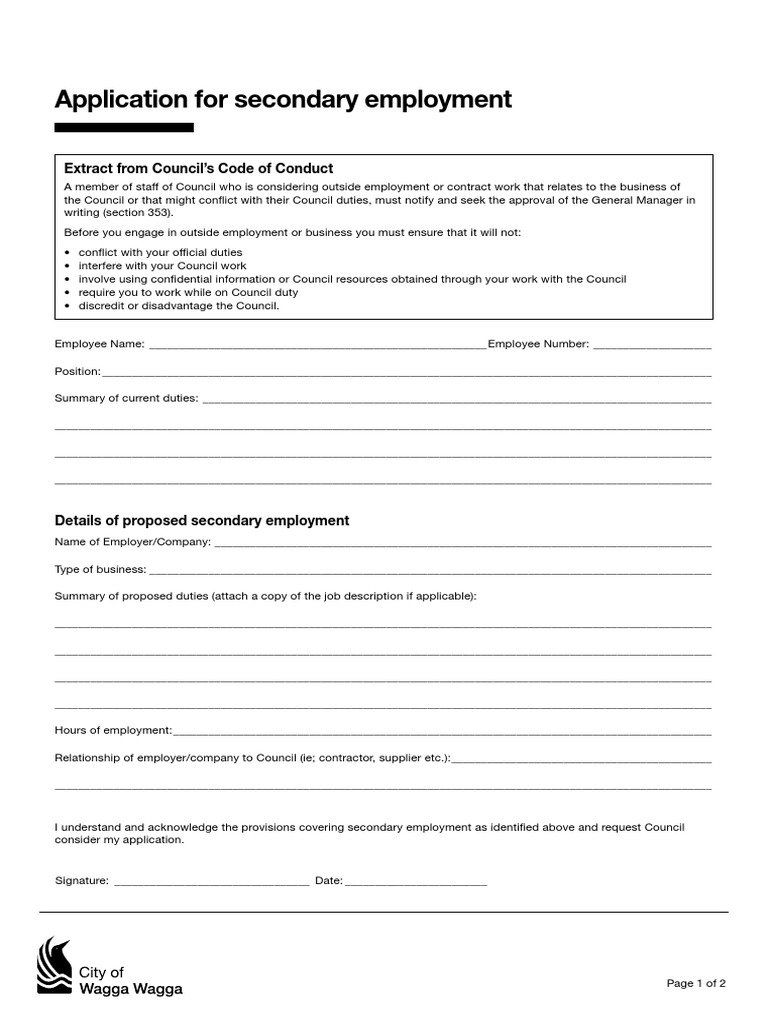 WWCC Form SecondaryEmployment | PDF | Business | Finance & Money Management
