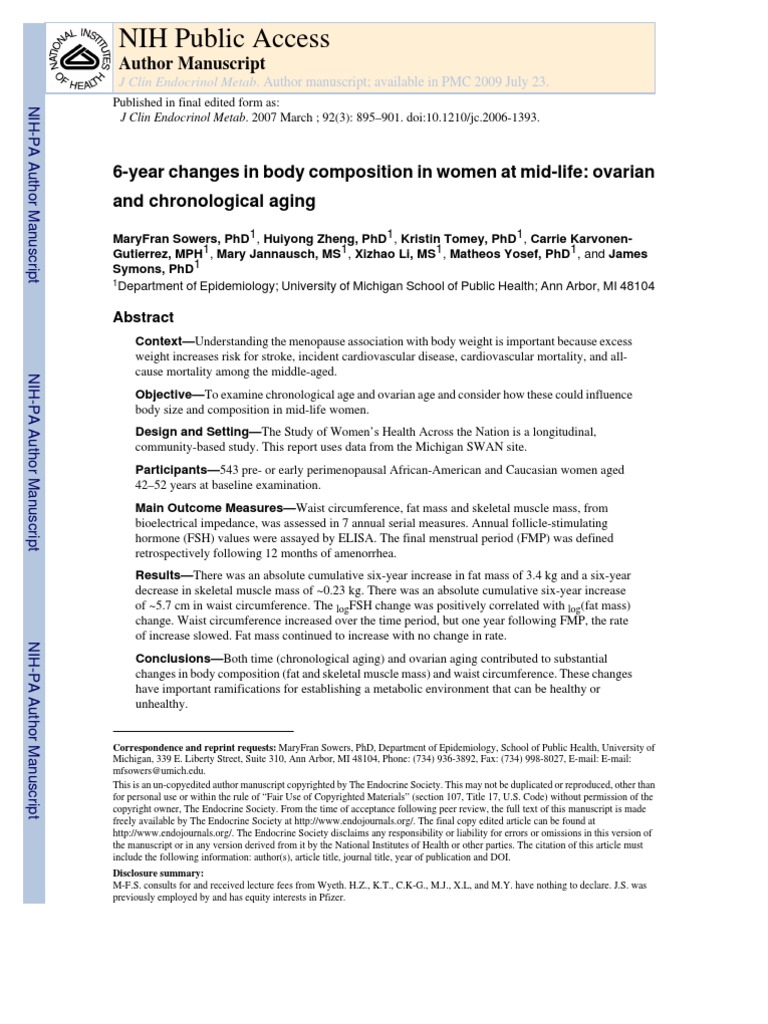 6 Year Changes in Body Composition in Women at Mid-Life Ovarian and ...