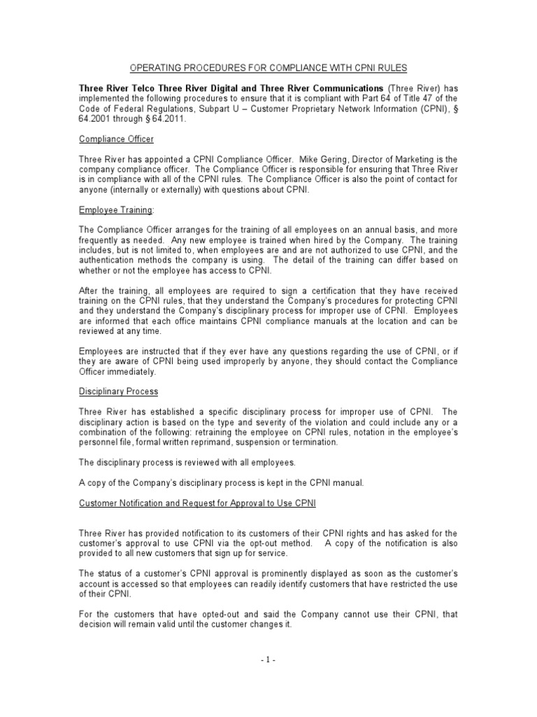 CPNI Compliance Operating Procedures | PDF | Customer Proprietary ...