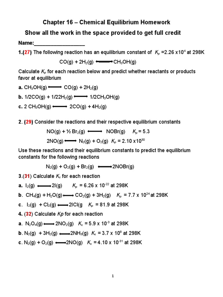 Chapter 16 Chemical Equilibrium HW | PDF | Chemical Equilibrium ...