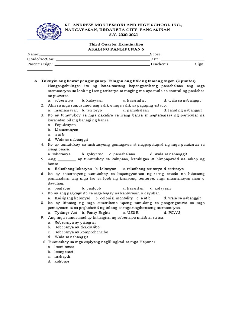 AP 6 Third Quarter Exam | PDF