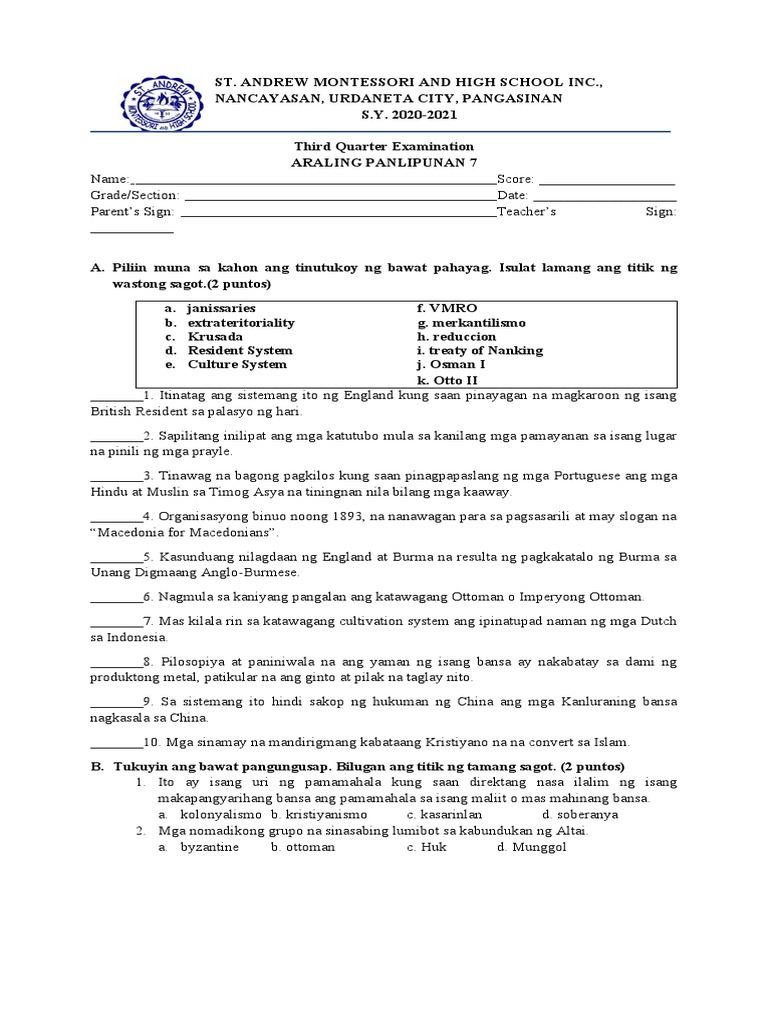 AP 7 Third Quarter Exam | PDF