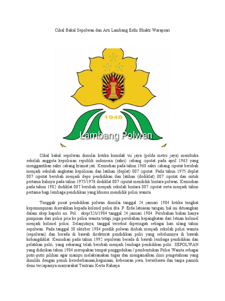 Cikal Bakal Sepolwan Dan Arti Lambang Esthi Bhakti Warapsari | PDF