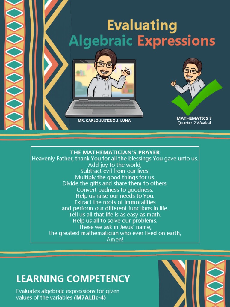 Math 7 Q2W4a - Evaluating Algebraic Expressions | PDF | Variable ...