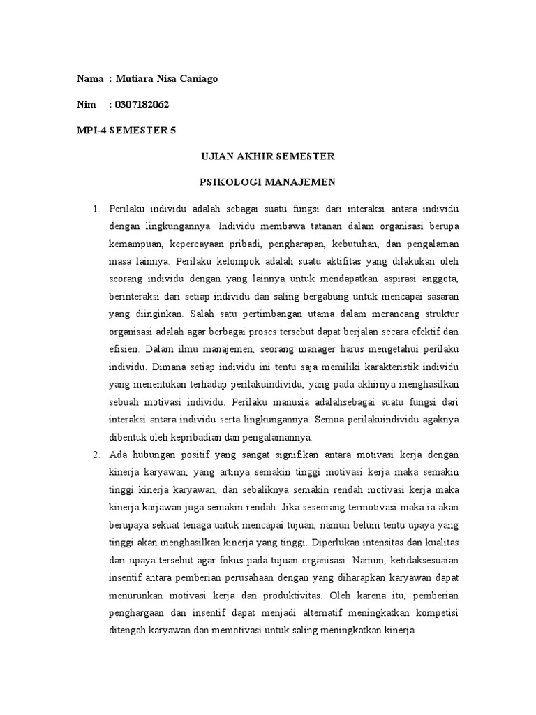 Mutiara Nisa Caniago UAS Psikologi Manajemen | PDF