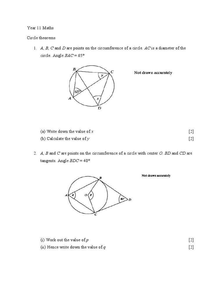Grade 11 Circle Theorems Worksheet | PDF