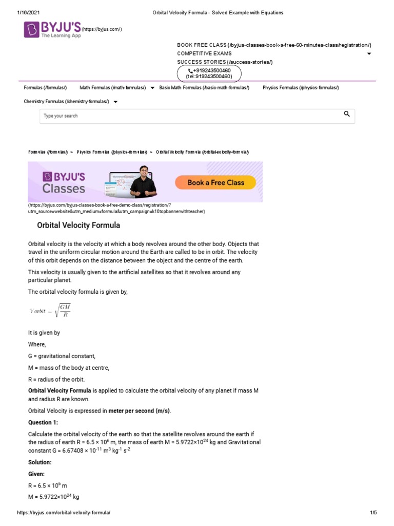 Orbital Velocity Formula - Solved Example With Equations | PDF | Orbit ...
