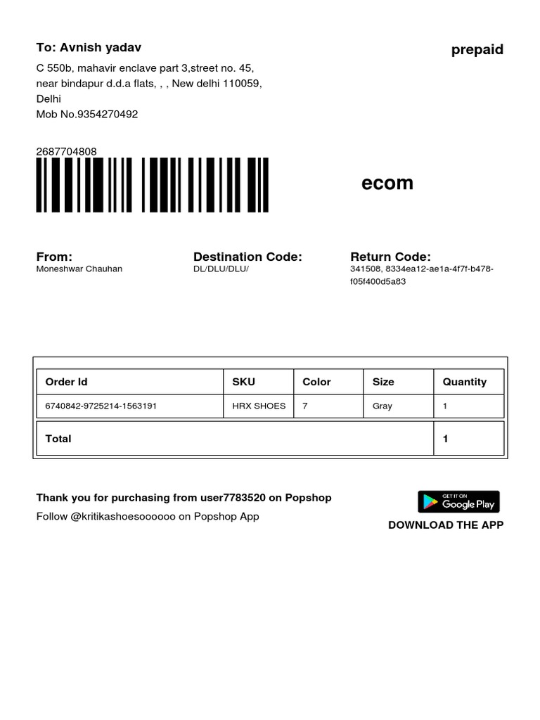 PopShop Courier Pickup Manifest Invoice | PDF