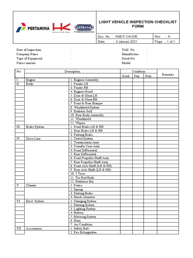HSE-F-OA-036, LIGHT VEHICLE INSPECTION FORM Revisi A | PDF ...