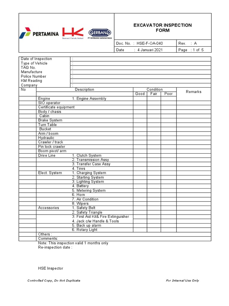 HSE-F-OA-040, EXCAVATOR INSPECTION FORM Revisi A | PDF | Equipment ...